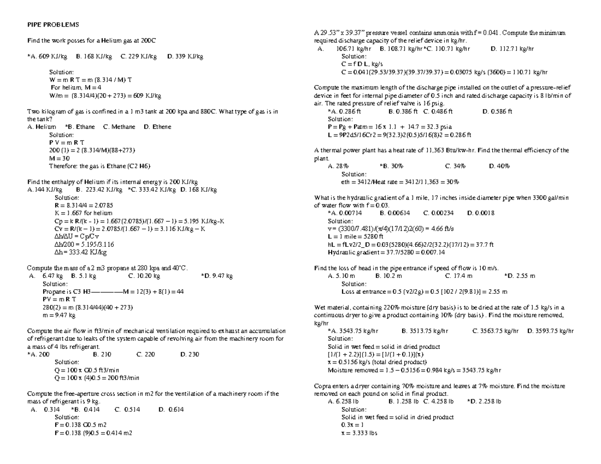 Pdfcoffee - Mechanical engineering - PIPE PROBLEMS Find the work posses for a Helium gas at 200C ...