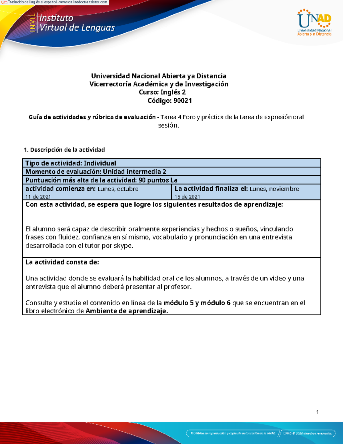 Activities guide and evaluation rubric - Unit 2 - Task 4 - Speaking ...