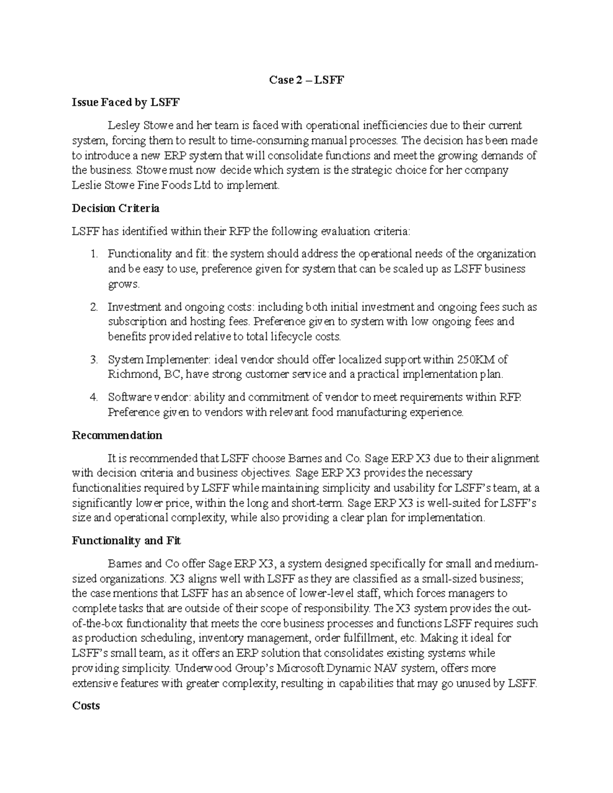 Case Memo 2 - LSFF - Case memo 2 Leslie Stowe Fine Foods case - Fall ...