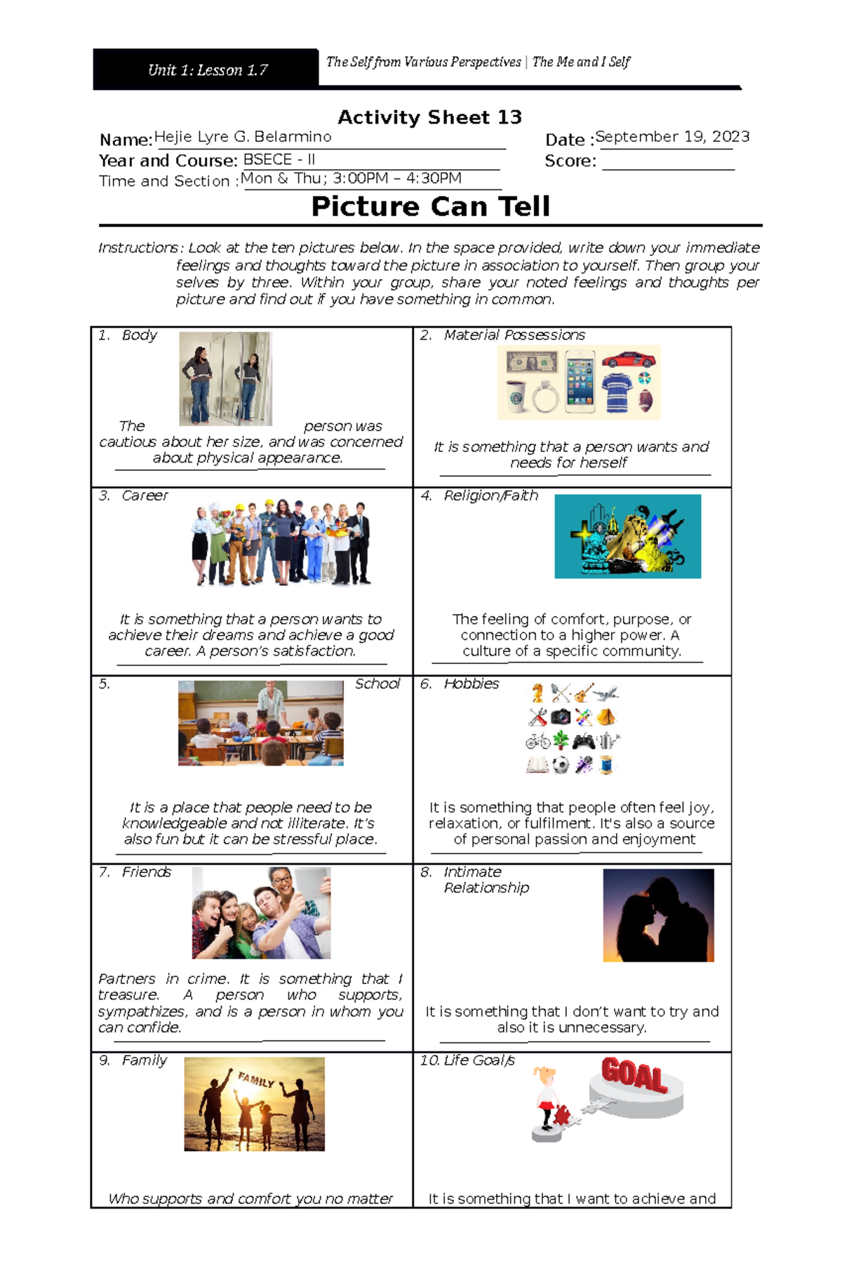 Activity Sheet 13 - None - Unit 1: Lesson 1. The Self from Various ...