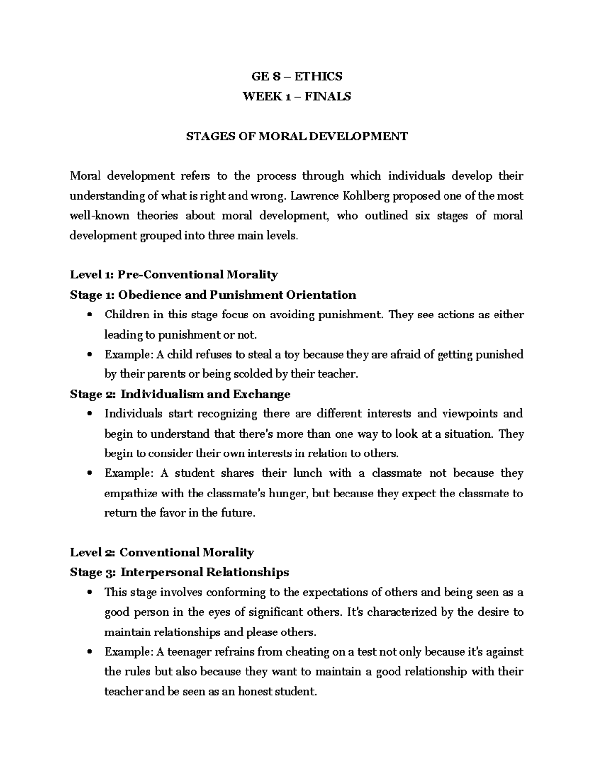 Week 1 Finals - Stages of Moral Development - GE 8 – ETHICS WEEK 1 – FINALS STAGES OF MORAL ...