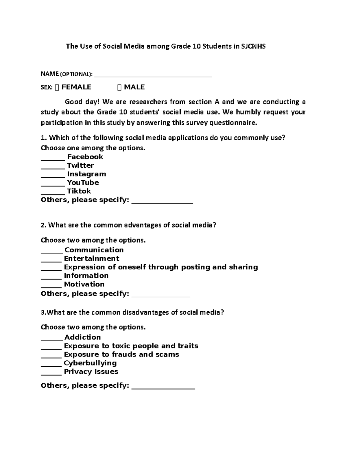 The Use of Social Media among Grade 10 Students in Sjcnhs - We humbly ...