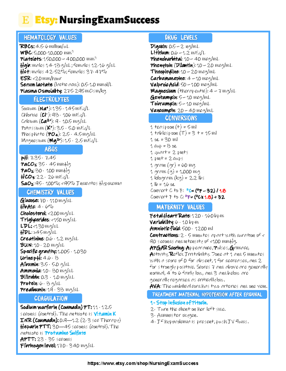 5- Nclex Cheat Sheet - RBCs: 4-6 million/uL WBC: 5,000-10,000 mm 3 ...