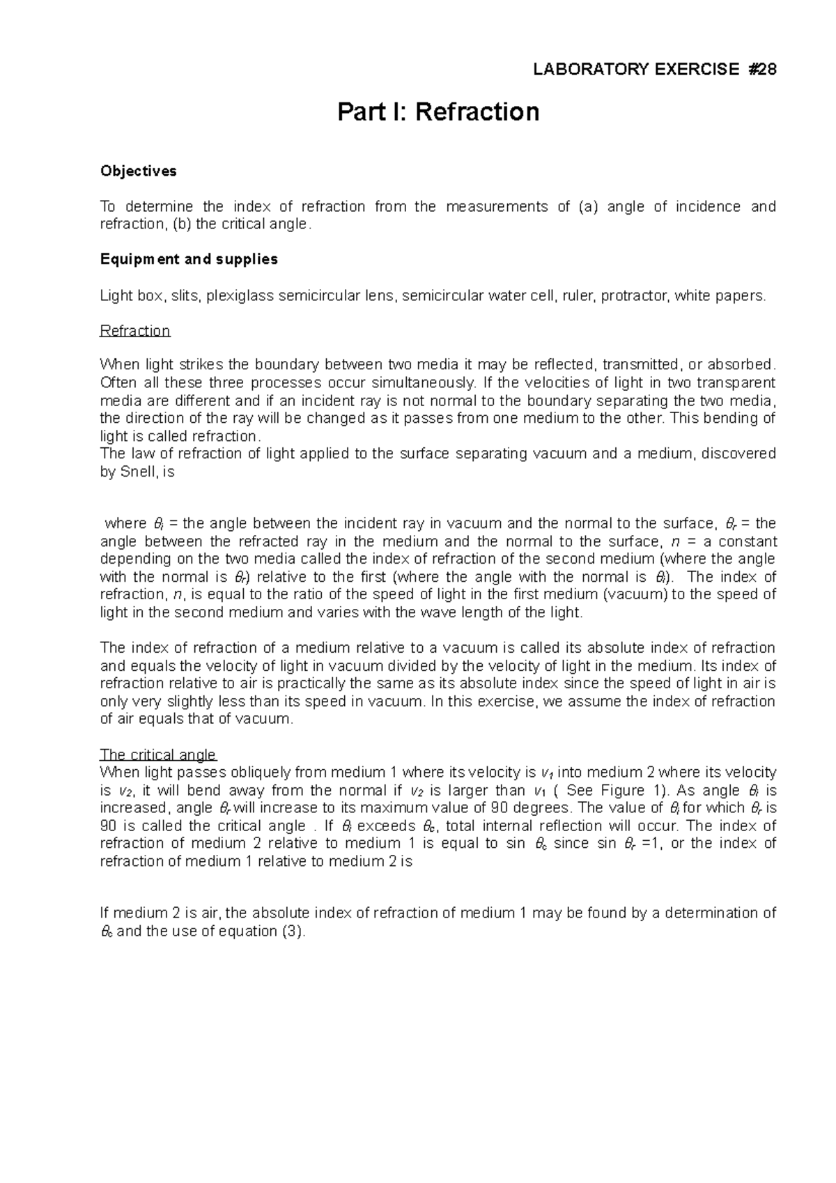 LAB #28 - lab 28 - LABORATORY EXERCISE Part I: Refraction Objectives To ...