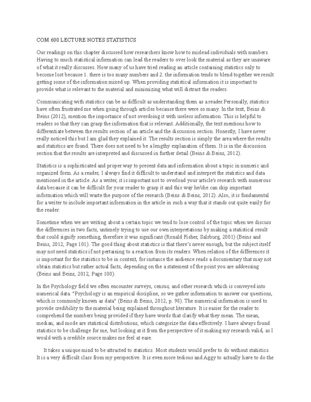 COM 600 Lecture Notes Statistics - COM 600 LECTURE NOTES STATISTICS Our ...