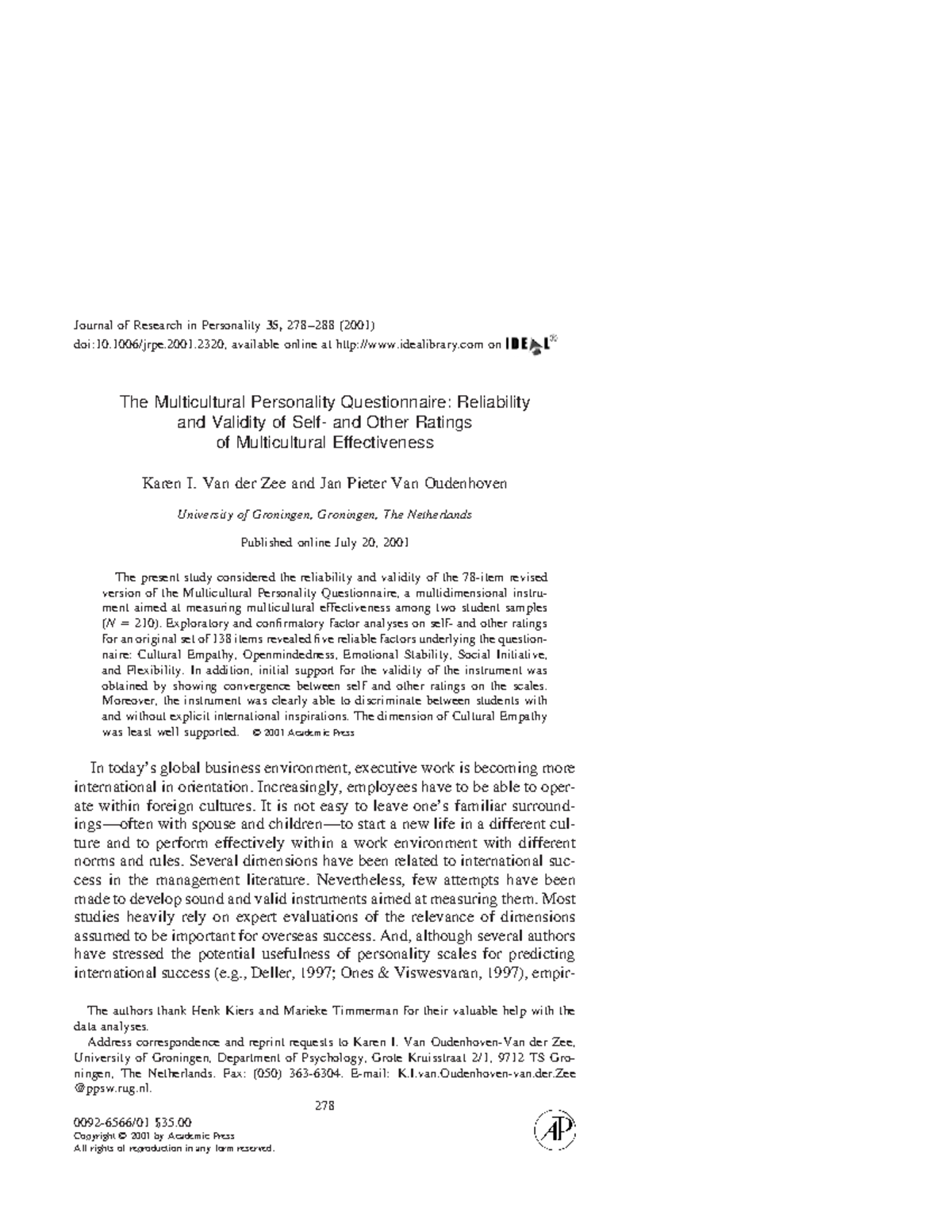 The Multicultural Personality Questionna - Journal of Research in ...