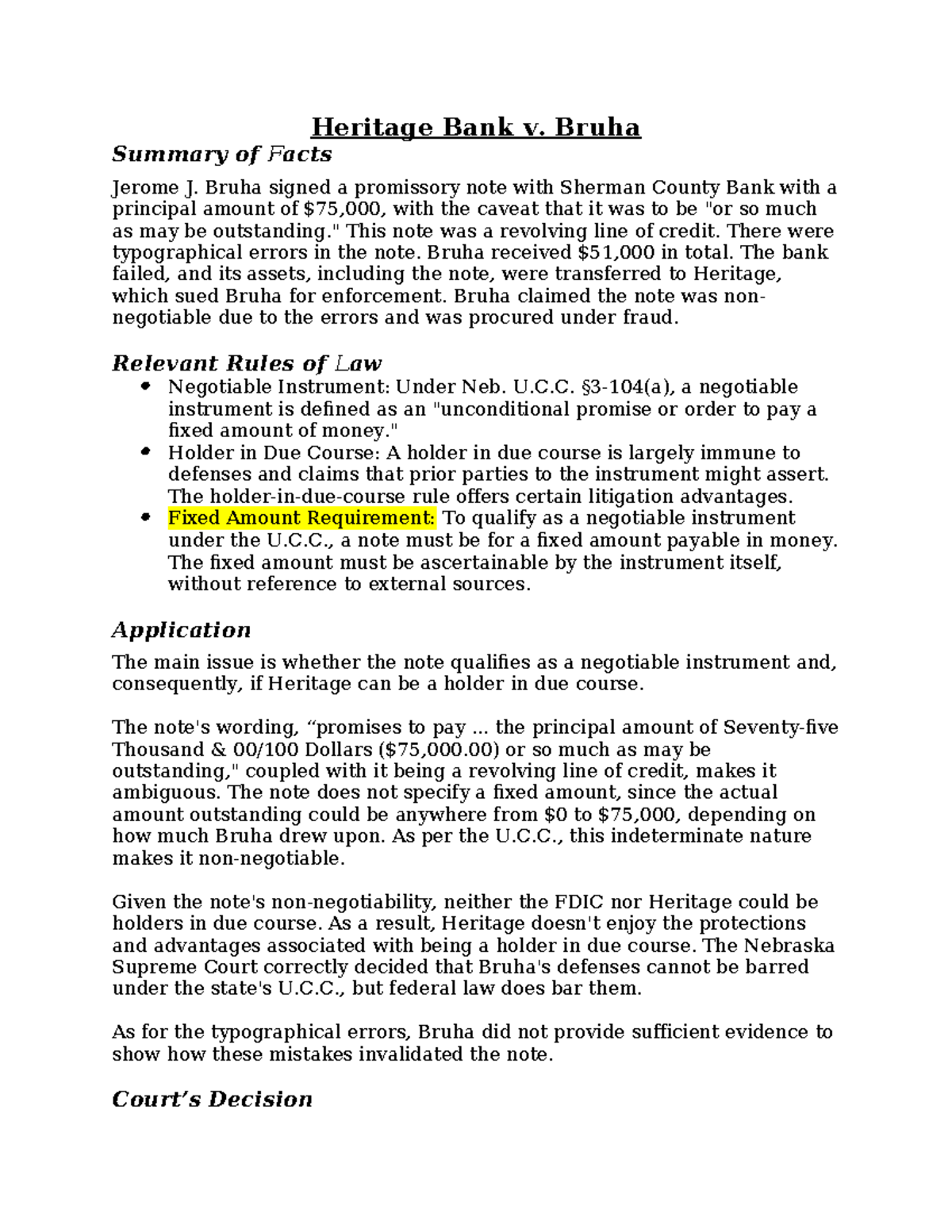 Module One Study Sheet - Heritage Bank v. Bruha Summary of Facts Jerome ...