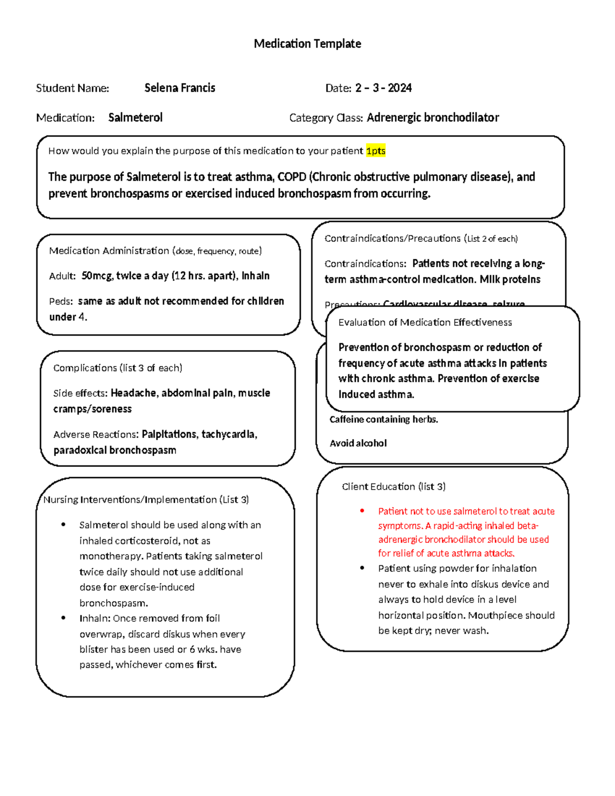 Salmeterol drug card - Drug card information - Medication Template Student Name: Selena Francis ...