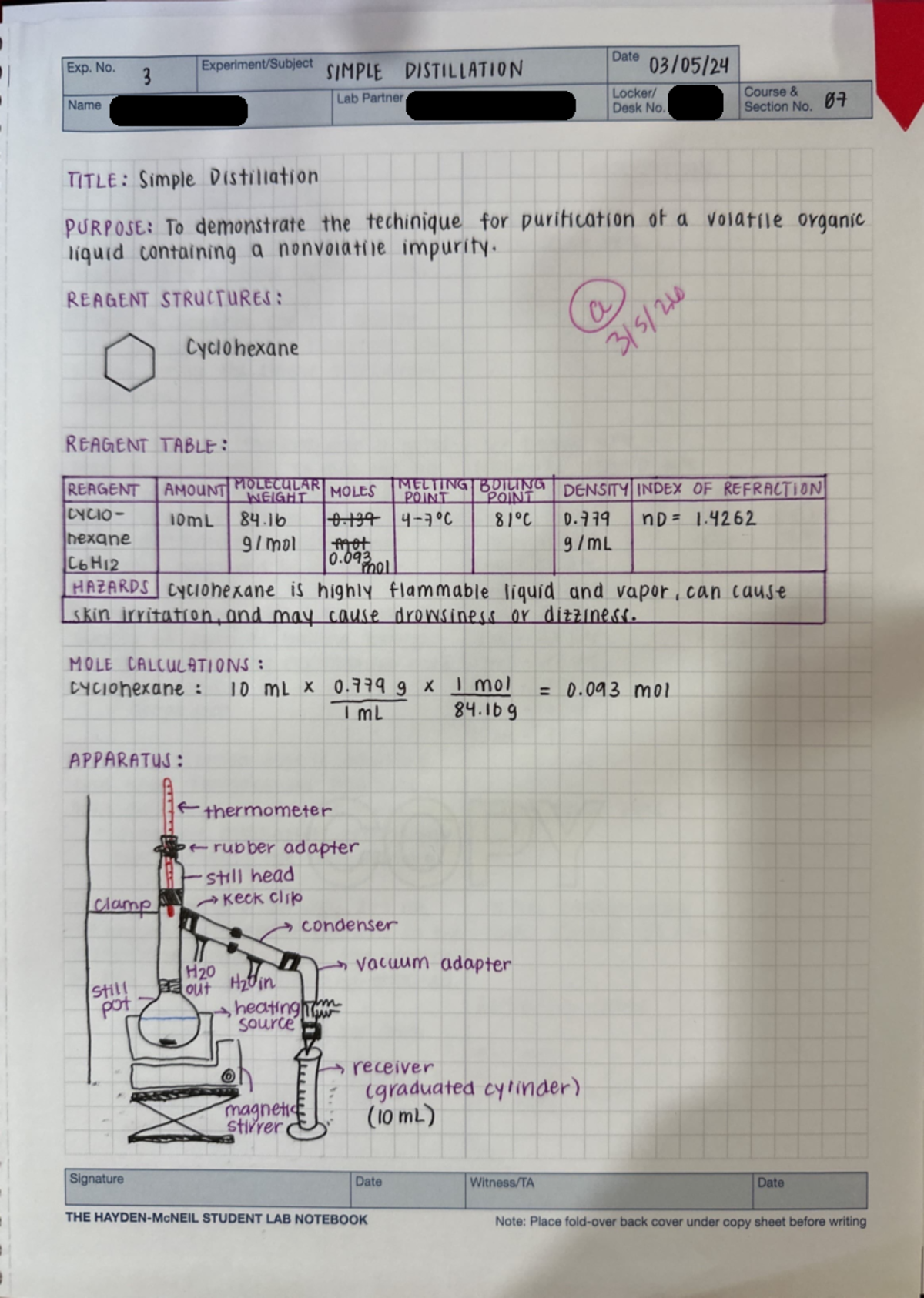 Simple Distillation Pre-Lab - r I I I I I Exp. No. 3 Experiment/Subject ...