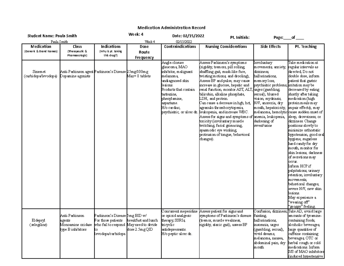 Med worksheet - Paula Smith Week 4 02/15/ Medication (Generic & Brand ...