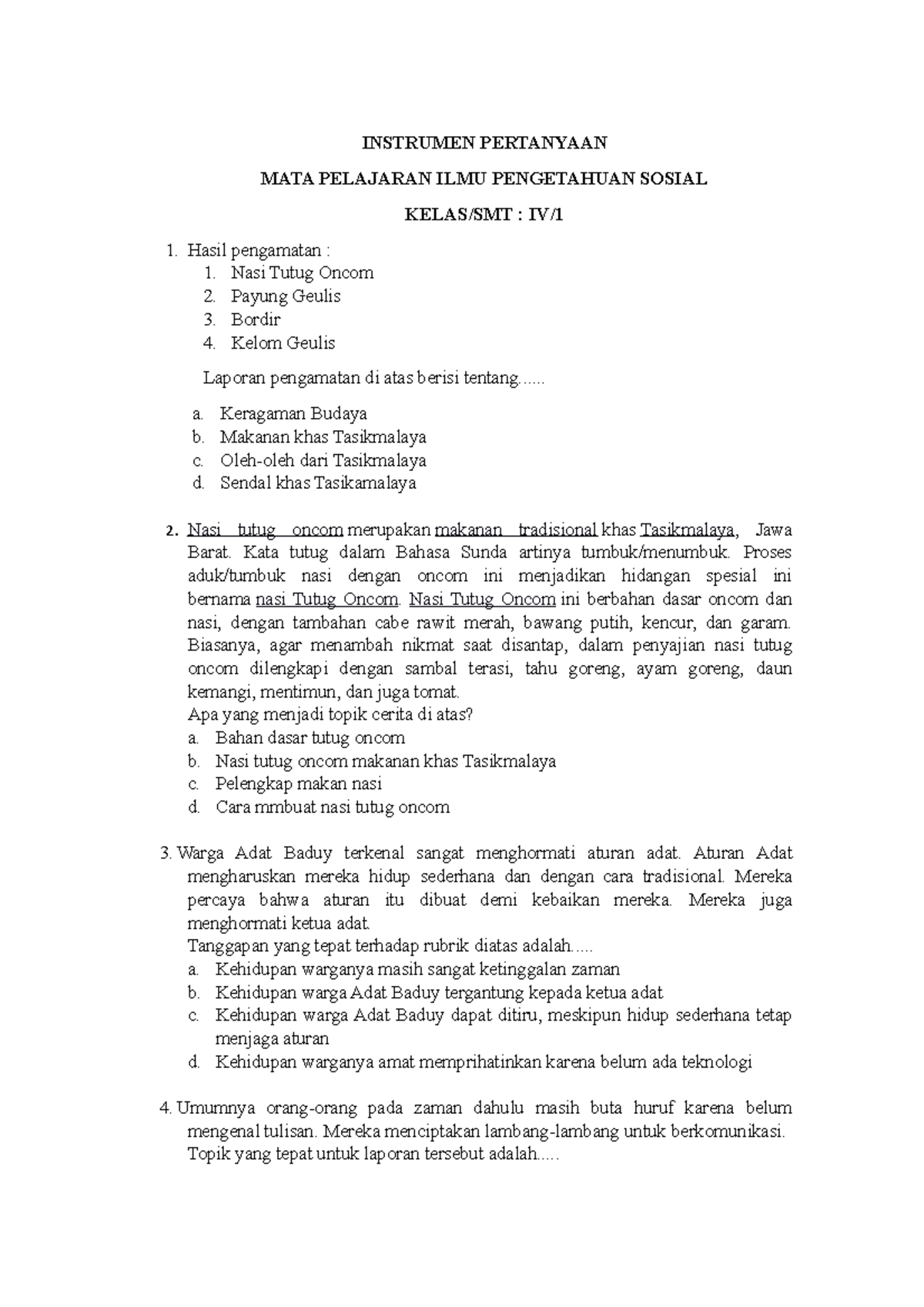 Soal print - INSTRUMEN PERTANYAAN MATA PELAJARAN ILMU PENGETAHUAN ...