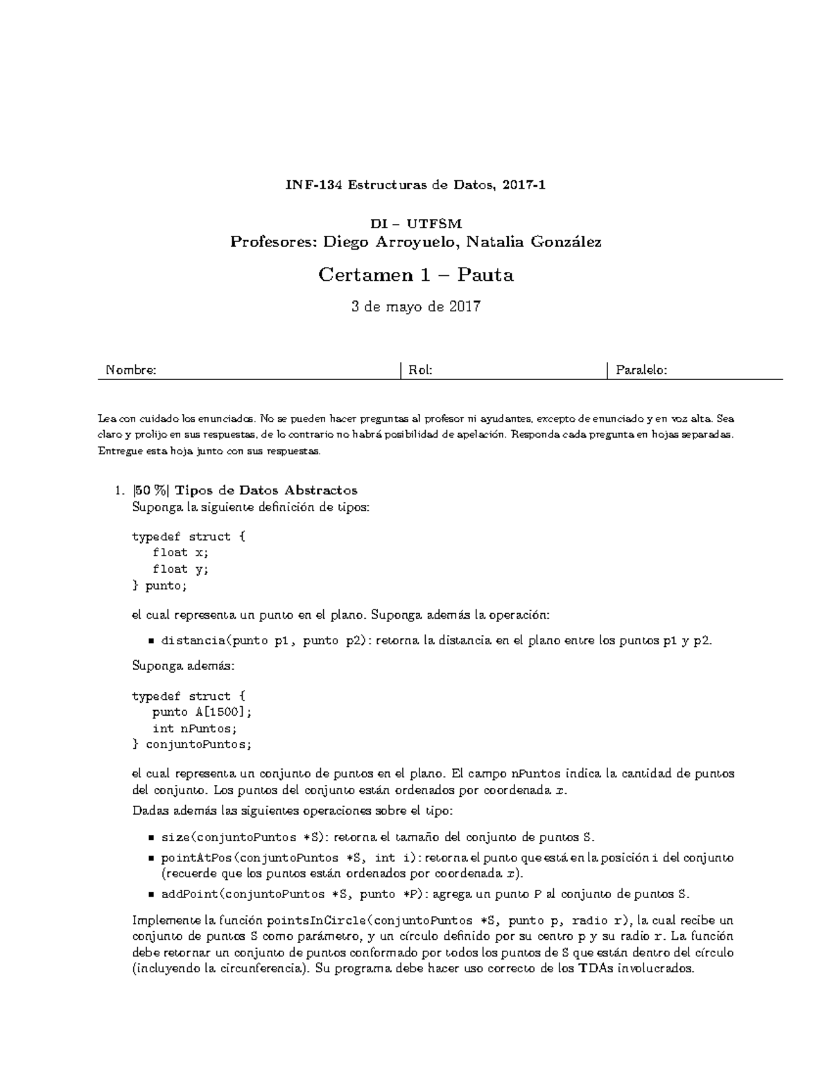 Examen 2017, preguntas y respuestas - INF-134 Estructuras de Datos, 2017-1 DI – UTFSM Profesores ...