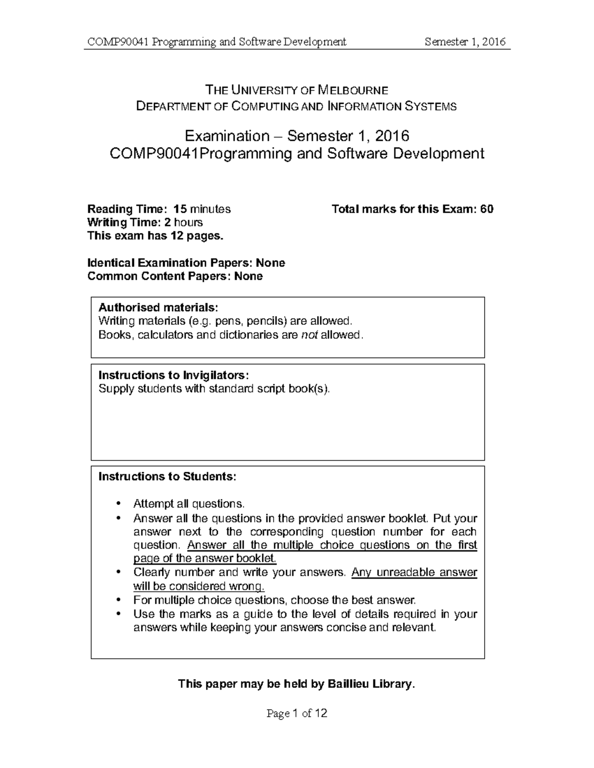 Practice exam 2016, questions - COMP90041 Programming and Software ...