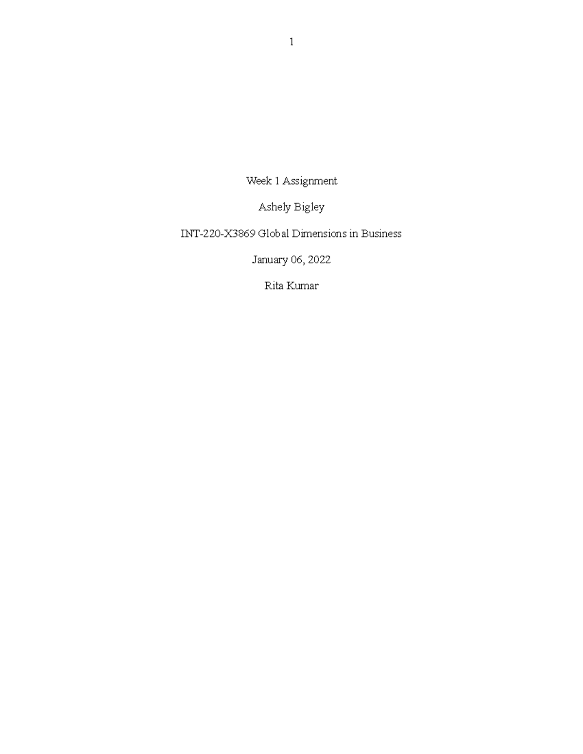 INT 220 week 1 assignment - Week 1 Assignment Ashely Bigley INT-220 ...