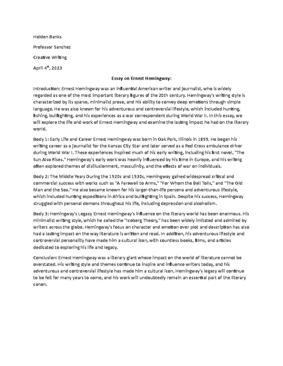 Document 80312543 - This is my essay on Ernest Hemingway and it was ...