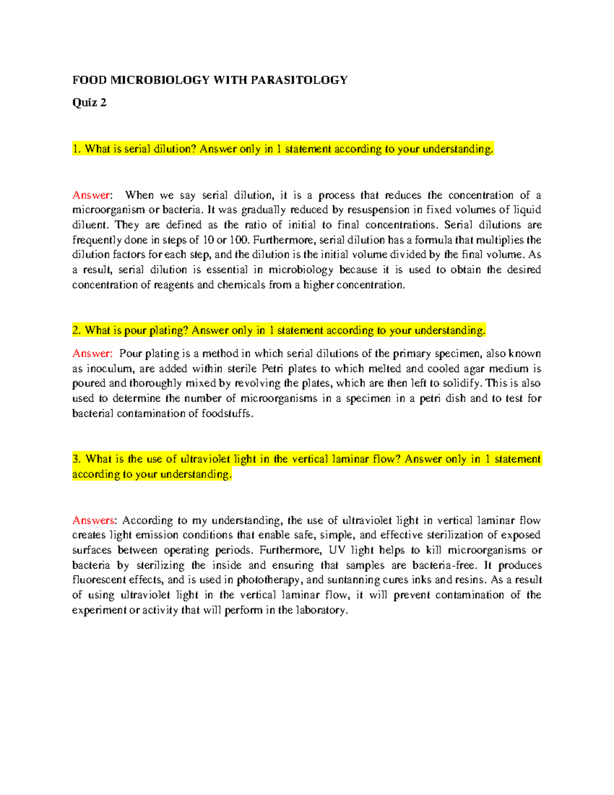 QUIZ 2- FOOD Microbiology WITH Parasitology - FOOD MICROBIOLOGY WITH ...