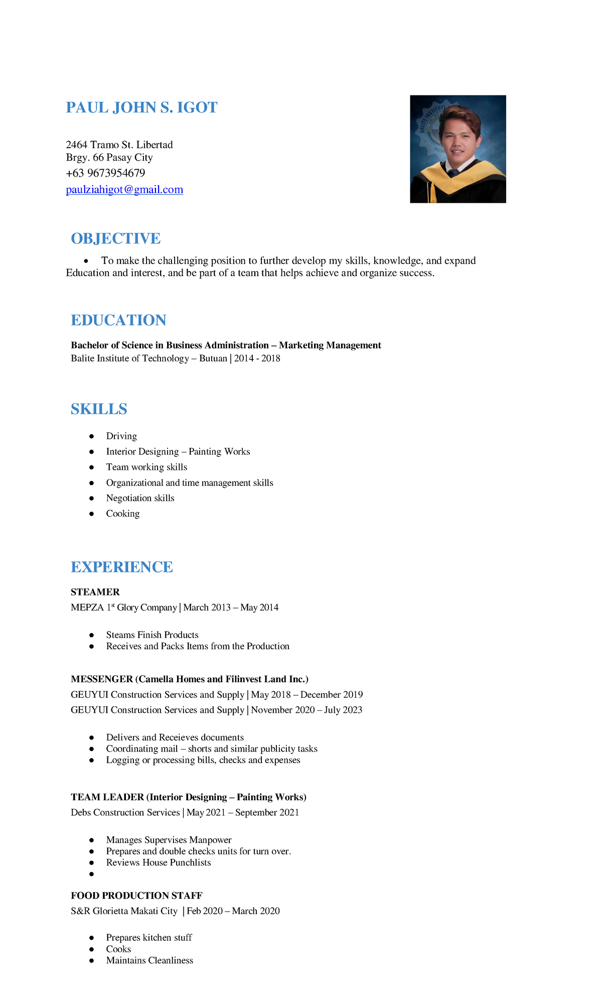 Paul Resume - ddff - PAUL JOHN S. IGOT 2464 Tramo St. Libertad Brgy. 66 ...
