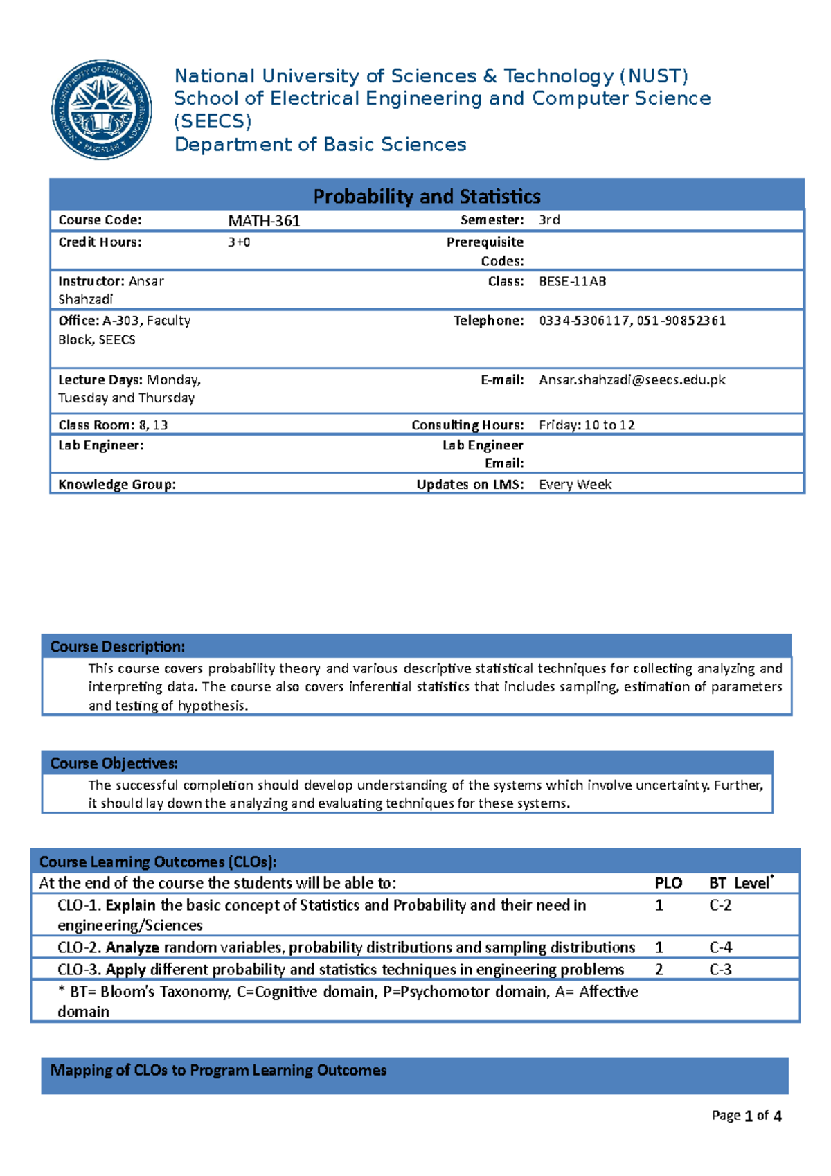 Course Outline( Probability and Statistics) - School of Electrical ...