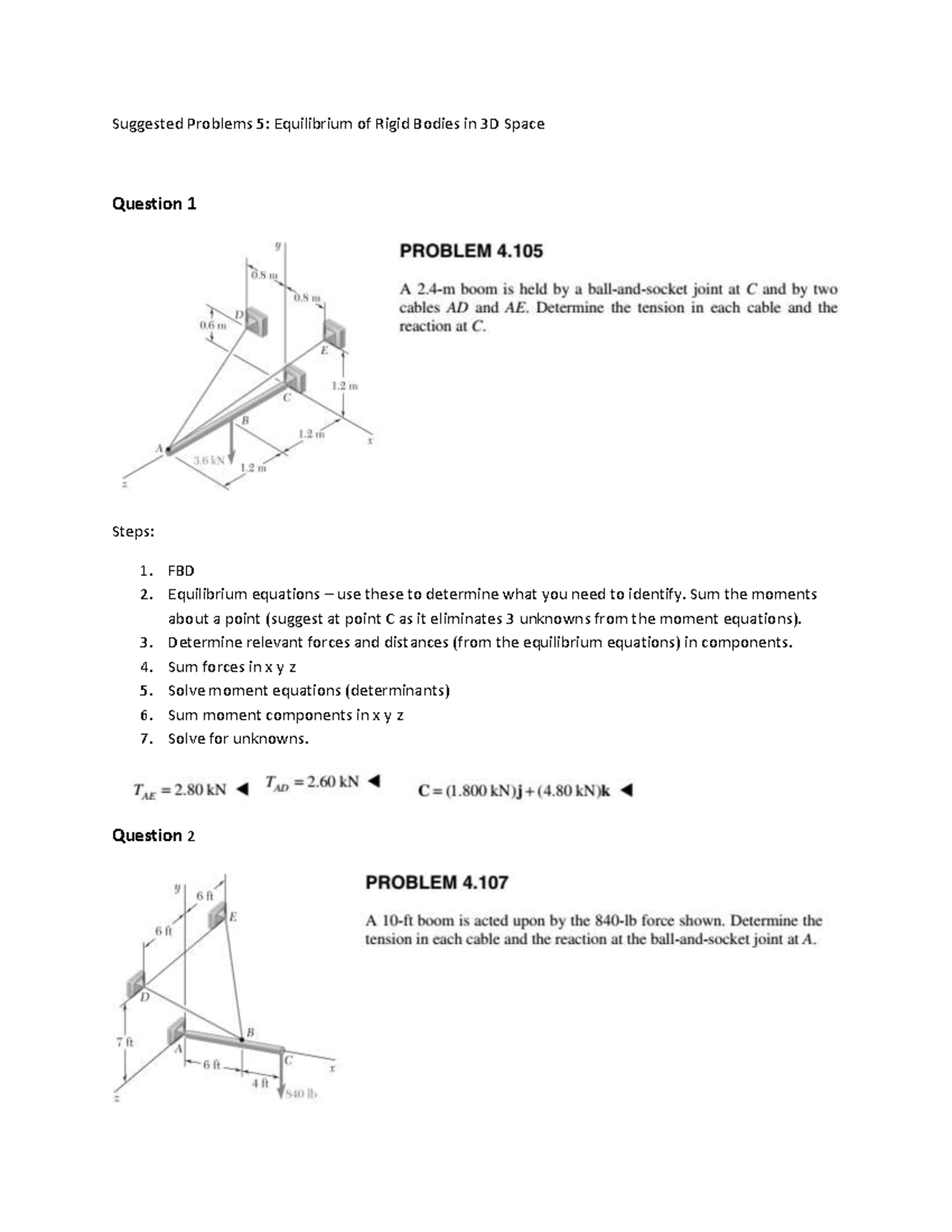 Suggested Problems 5- Equilibirum of Rigid Bodies in 3D Space - Sum the ...