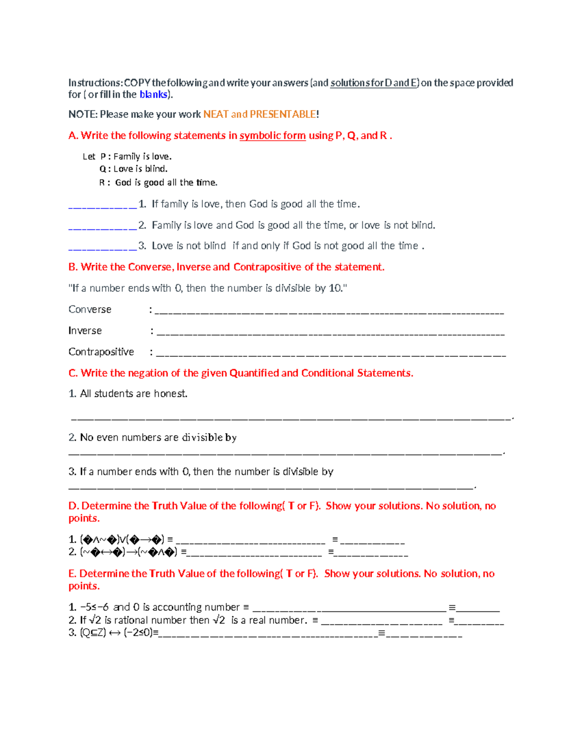 Math - math - Instructions: COPY the following and write your answers ...