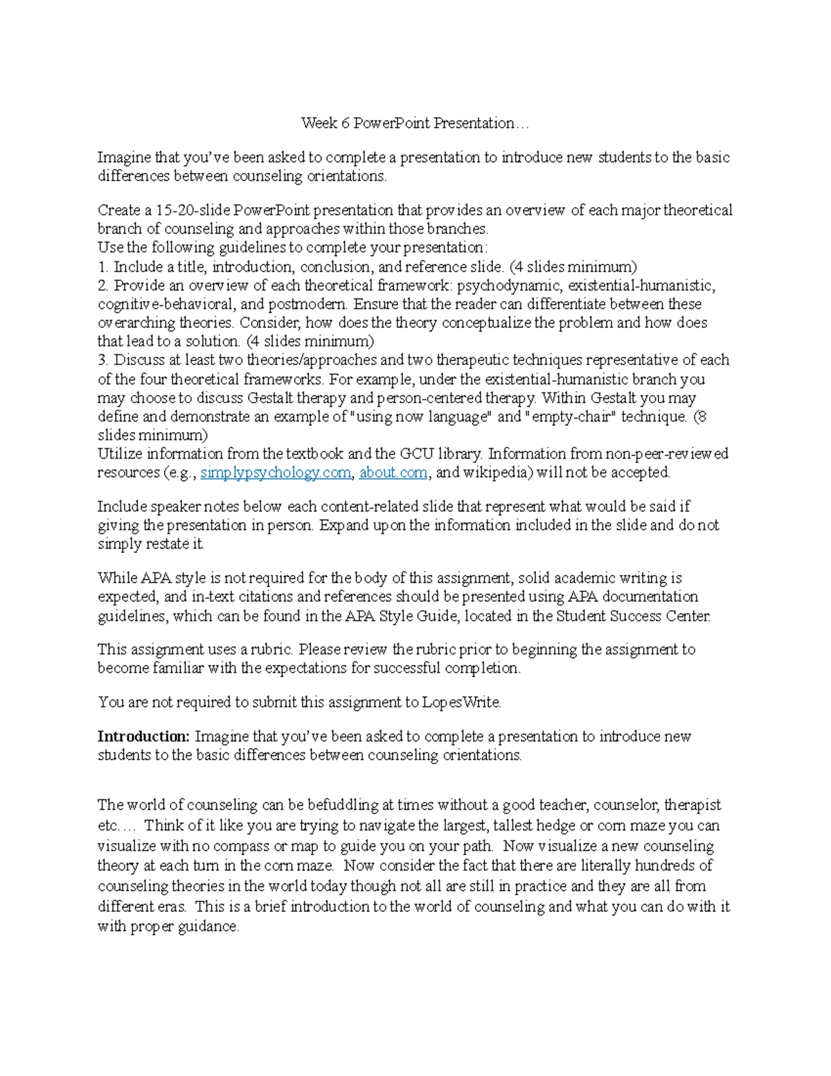 Counseling theory power point instructions and layout - Week 6 ...