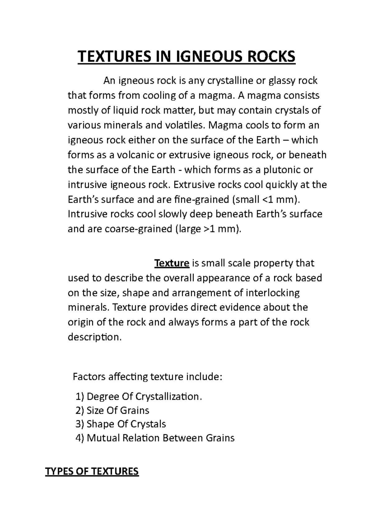 Textures IN Igneous Rocks - TEXTURES IN IGNEOUS ROCKS An igneous rock ...