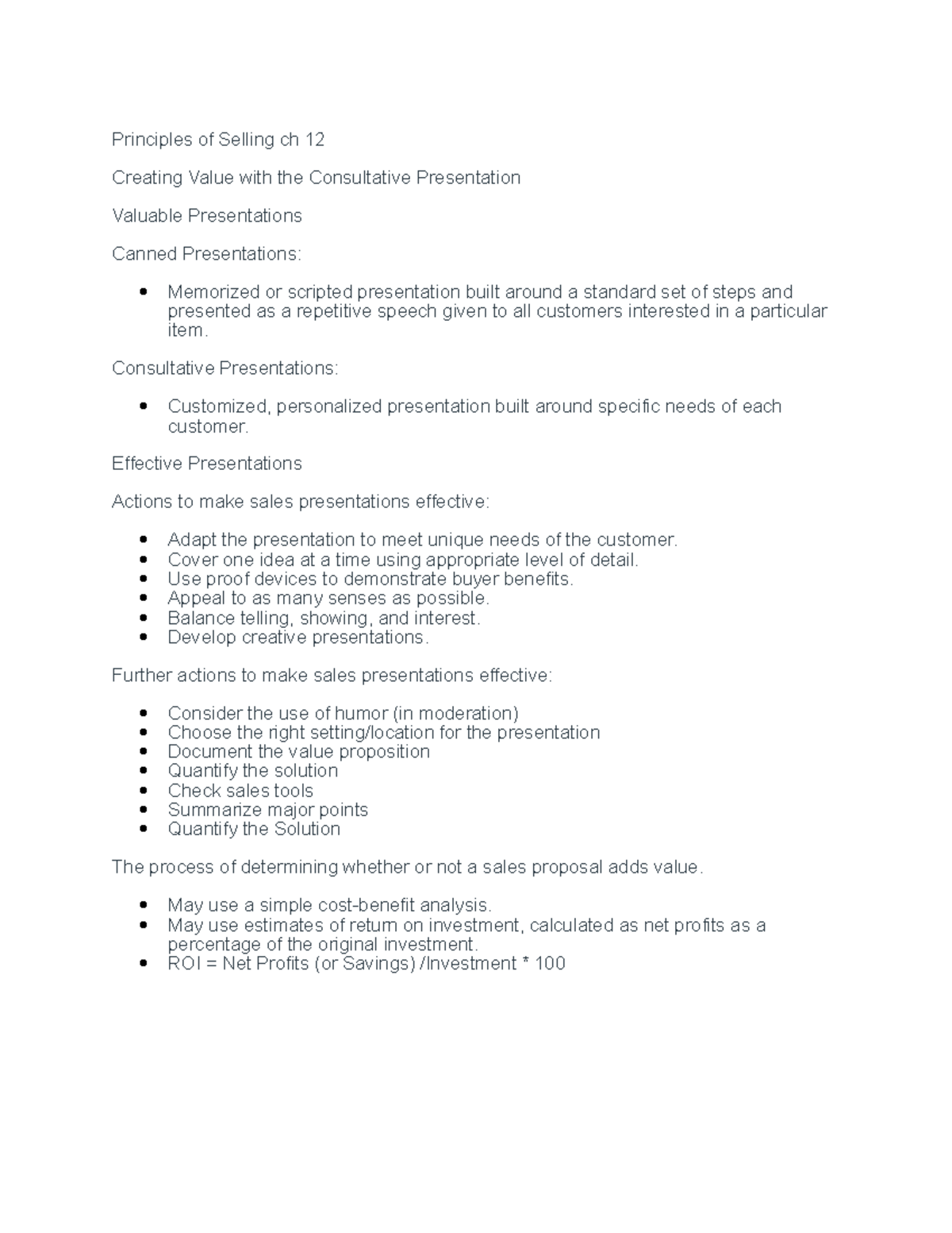 Selling notes ch12 - Principles of Selling ch 12 Creating Value with ...