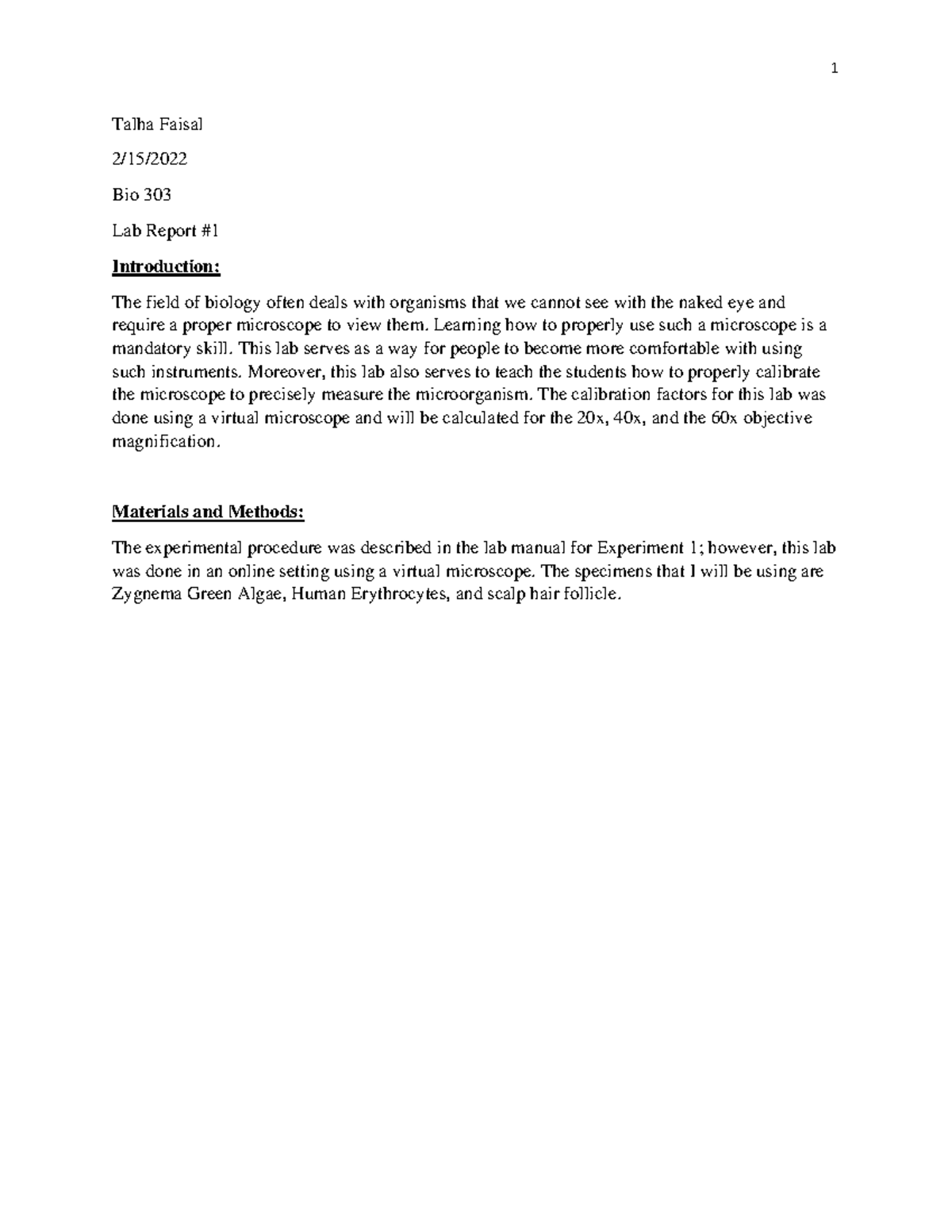 Talha Faisal Lab Report #1 Bio 303 - Talha Faisal 2/15/ Bio 303 Lab ...