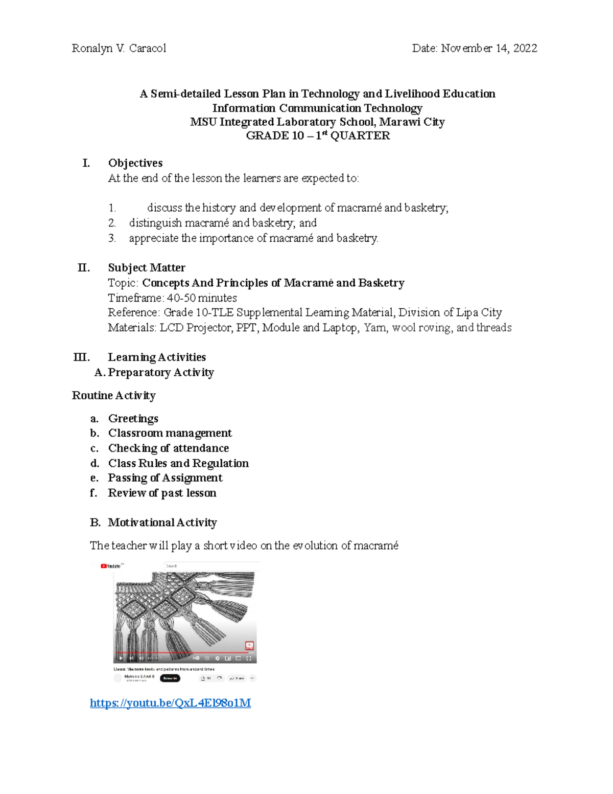 LP-G10 - Lesson Plan in TLE - Ronalyn V. Caracol Date: November 14 ...