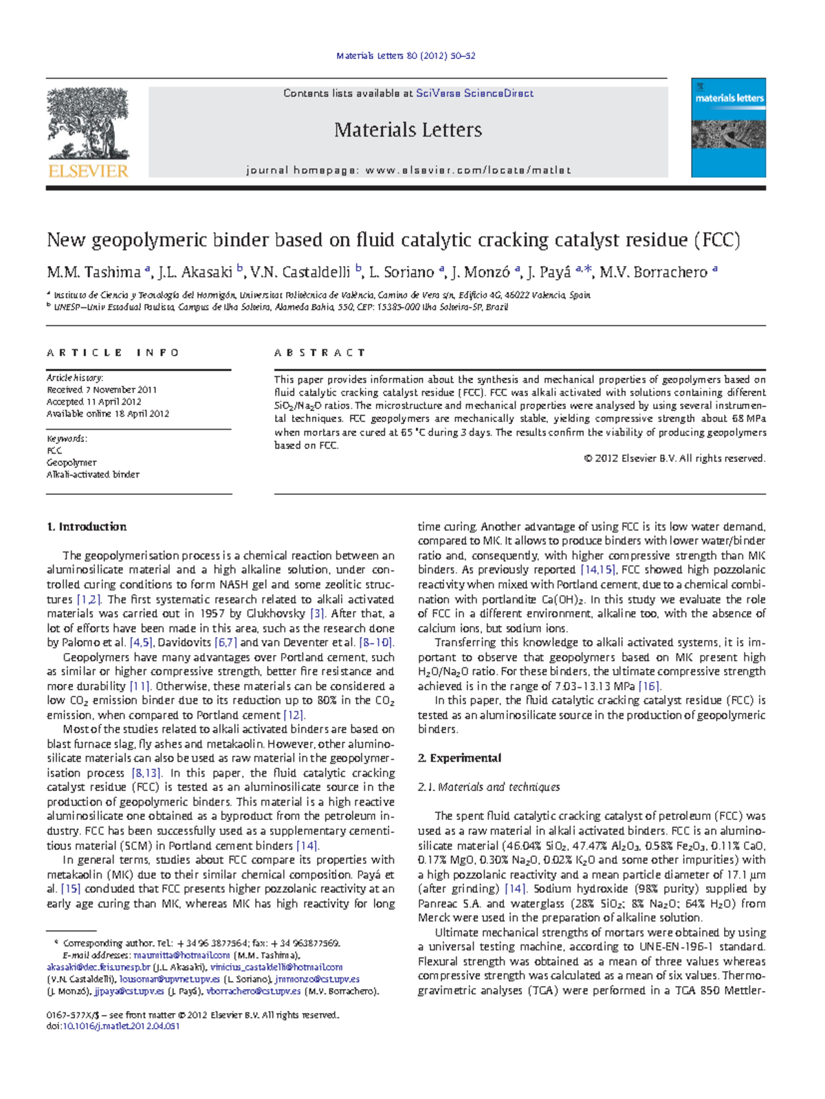 New geopolymeric binder based on fluid catalytic cracking - Tashima a ...