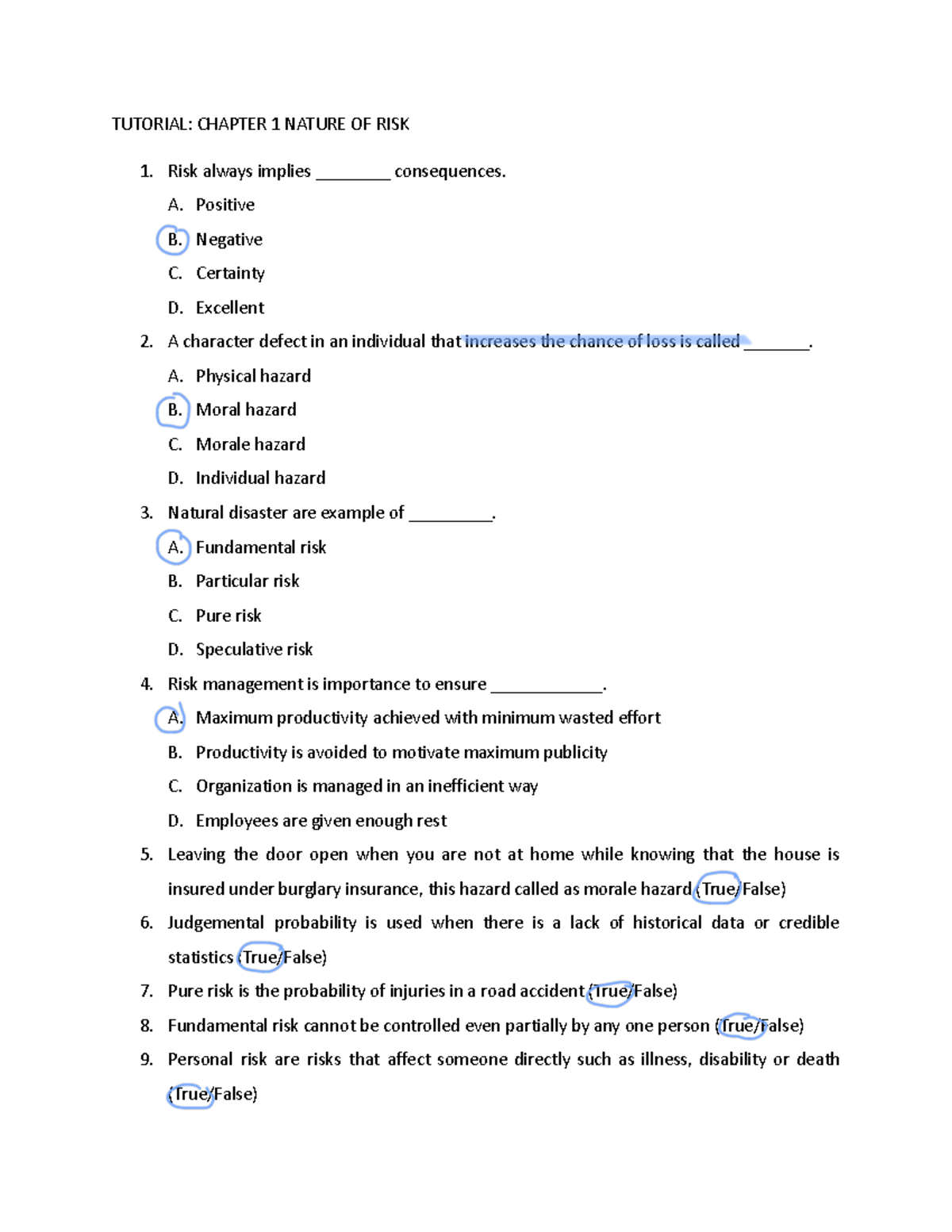 Tutorial- Chapter 1 - TUTORIAL: CHAPTER 1 NATURE OF RISK Risk always ...