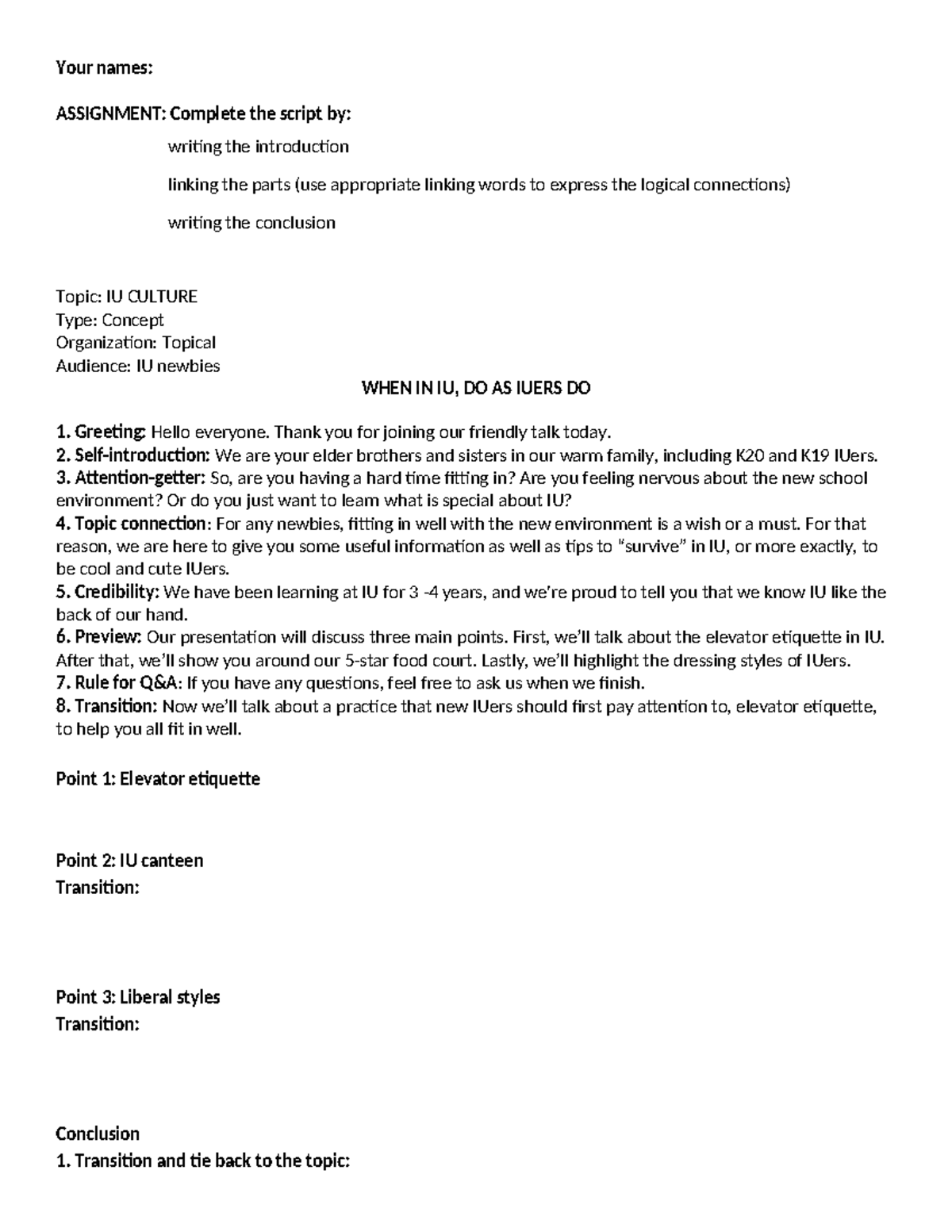 IU culture - Template for full script - Your names: ASSIGNMENT ...