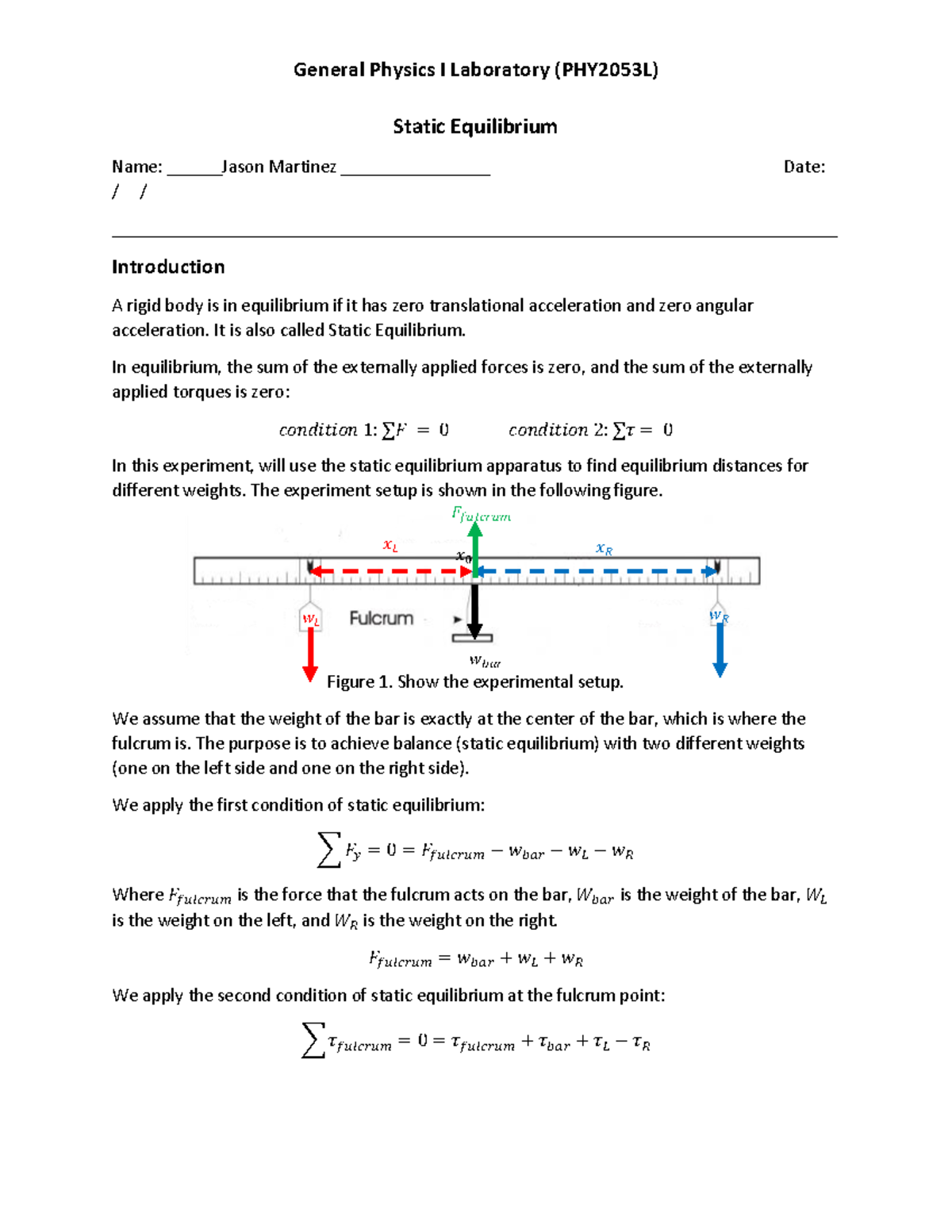 Static Equilibrium.docx Jason - General Physics I Laboratory (PHY205 3 ...