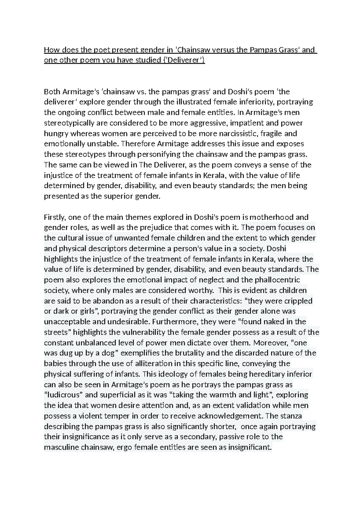 Poem essay - How does the poet present gender in ‘Chainsaw versus the ...