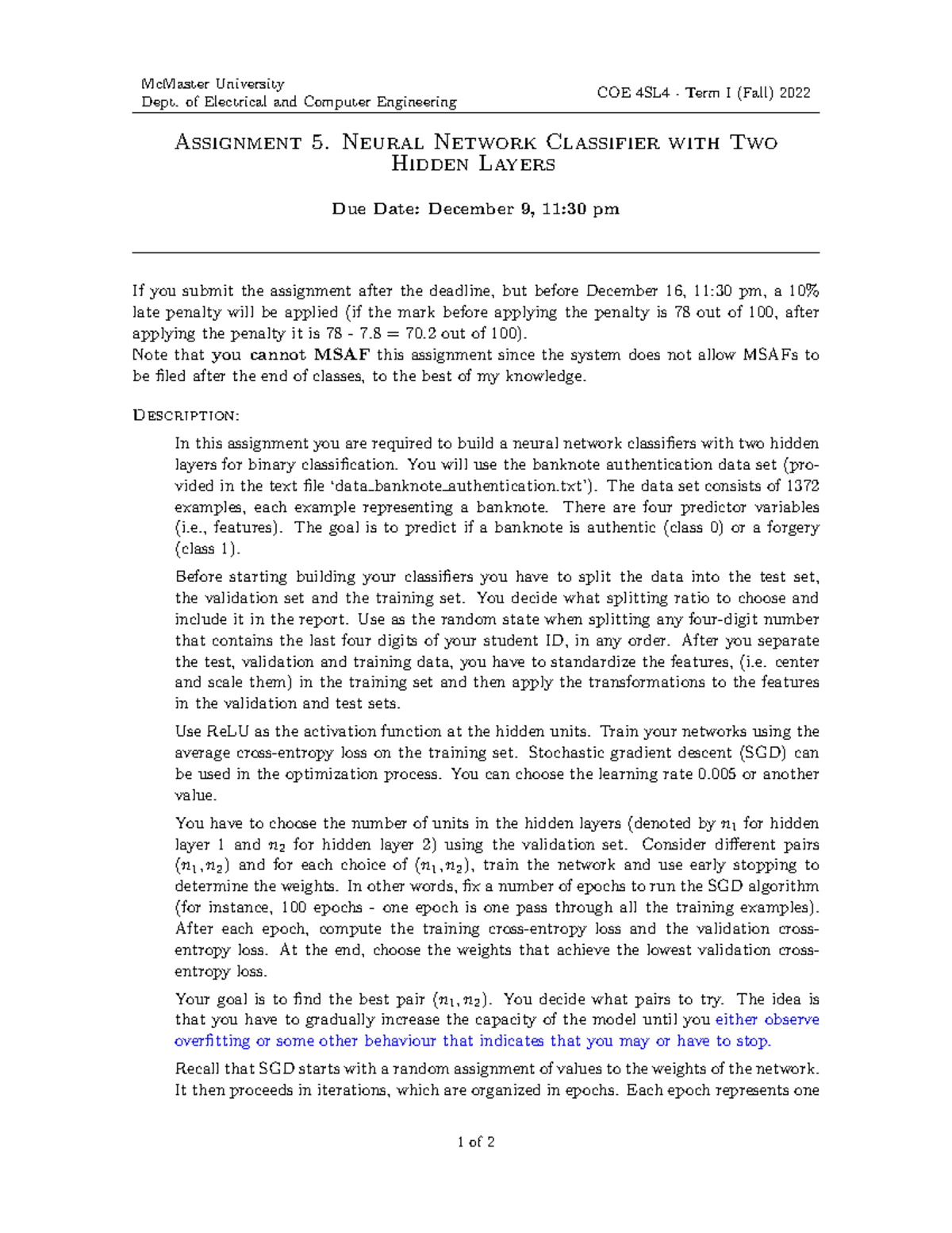 A5 2022 - Assignment 5 - McMaster University Dept. of Electrical and ...