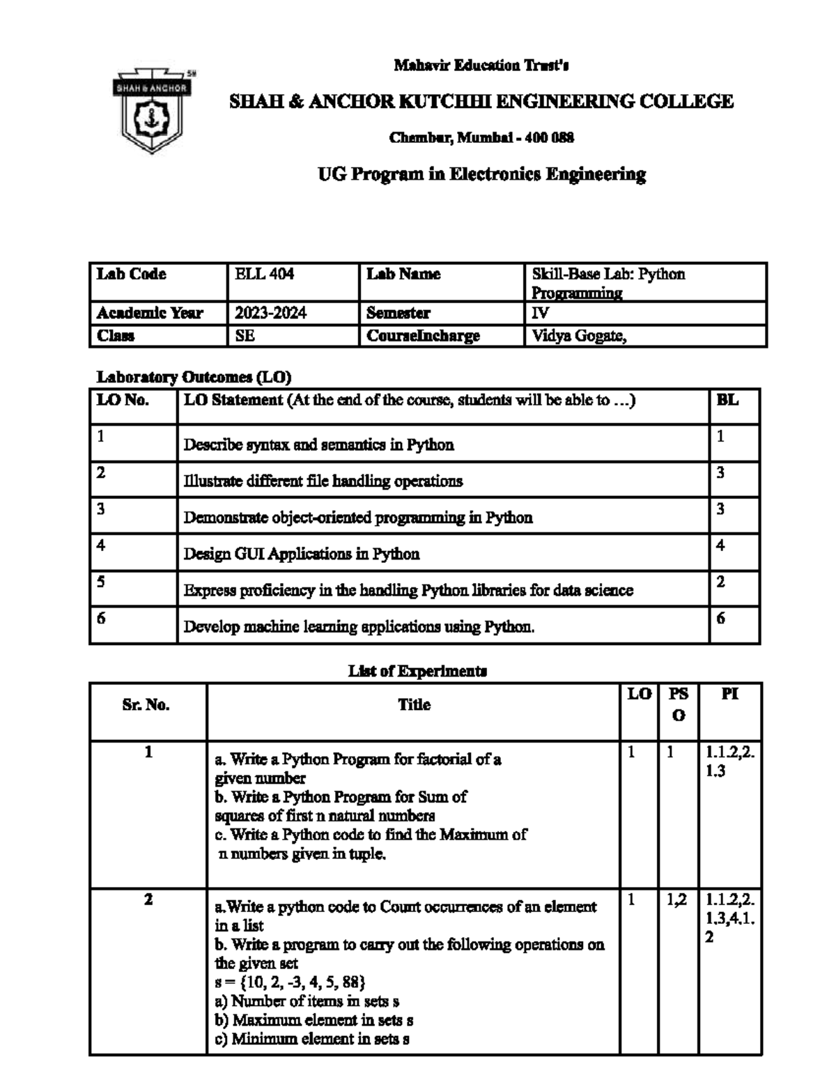 Python Practice - B.E. Information Technology - Studocu