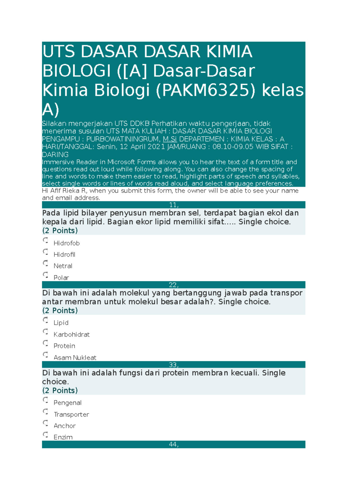Uts Dasar Dasar Kimia Biologi Uts Dasar Dasar Kimia Biologi A Dasar Dasar Kimia Biologi 
