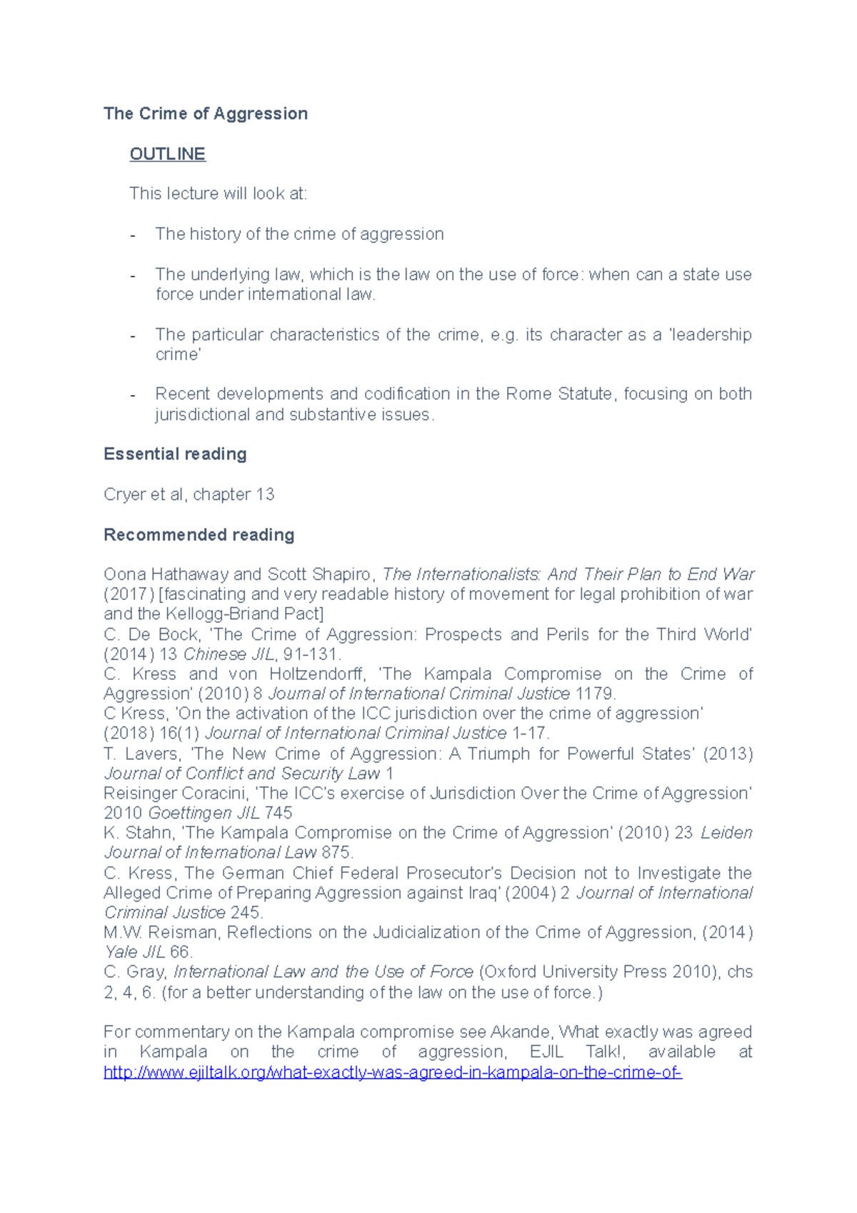 Lecture 10 prep - The Crime of Aggression OUTLINE This lecture will ...