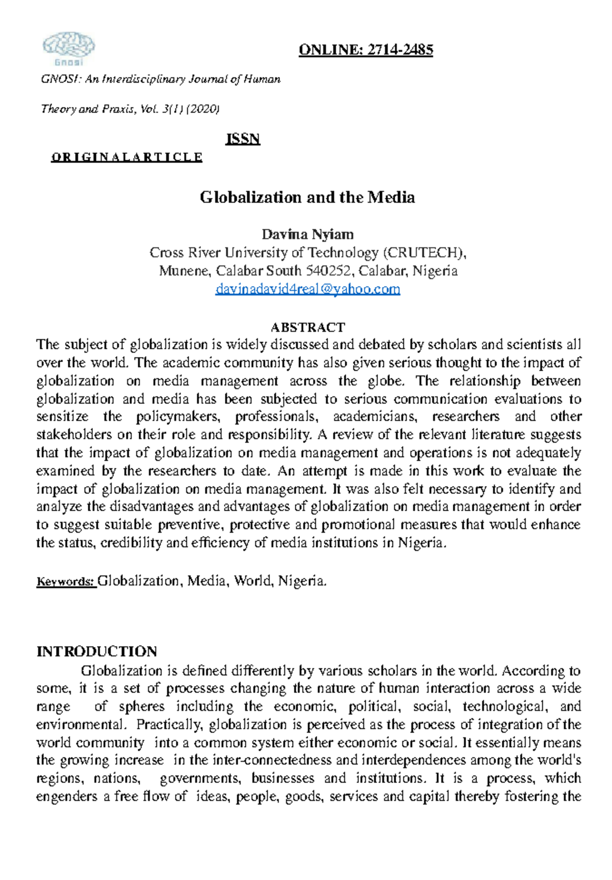 Media globalization 2 - GNOSI: An Interdisciplinary Journal of Human ...