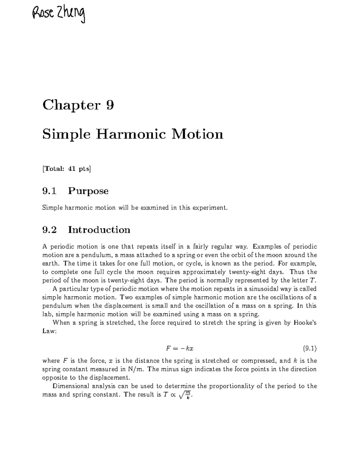 Lab A9 Report - Chapter 9 Simple Harmonic Motion [Total: 41 pts] 9 ...