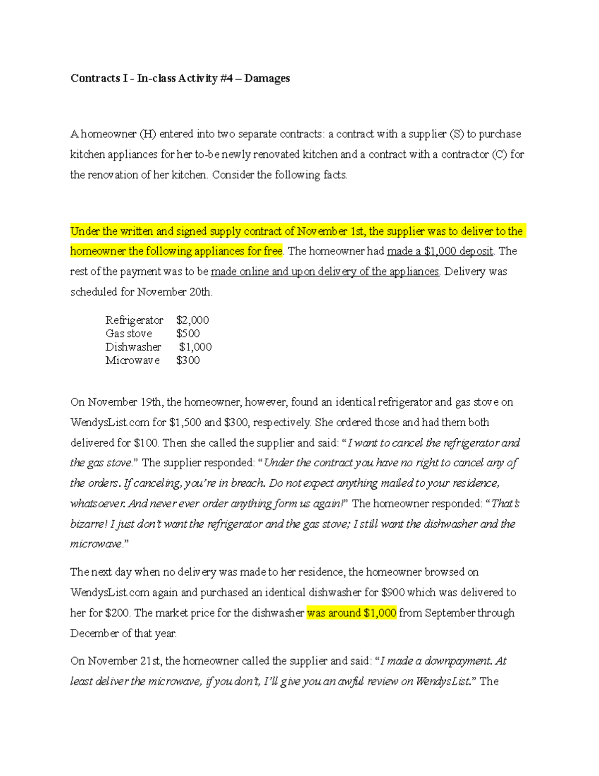 Contracts I - In-class Activity #4 – Damages - Contracts I - In-class Activity #4 – Damages A ...