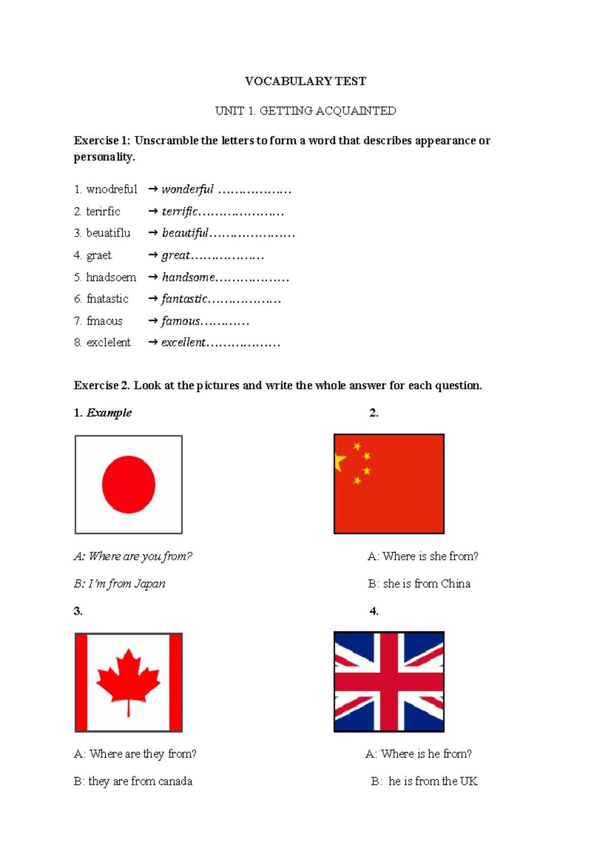 Vocab Test - Unit 1 - test - VOCABULARY TEST UNIT 1. GETTING ACQUAINTED ...