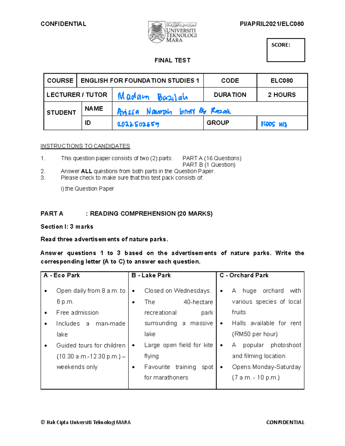 ELC080 Final TEST April 2021 - FINAL TEST COURSE ENGLISH FOR FOUNDATION ...