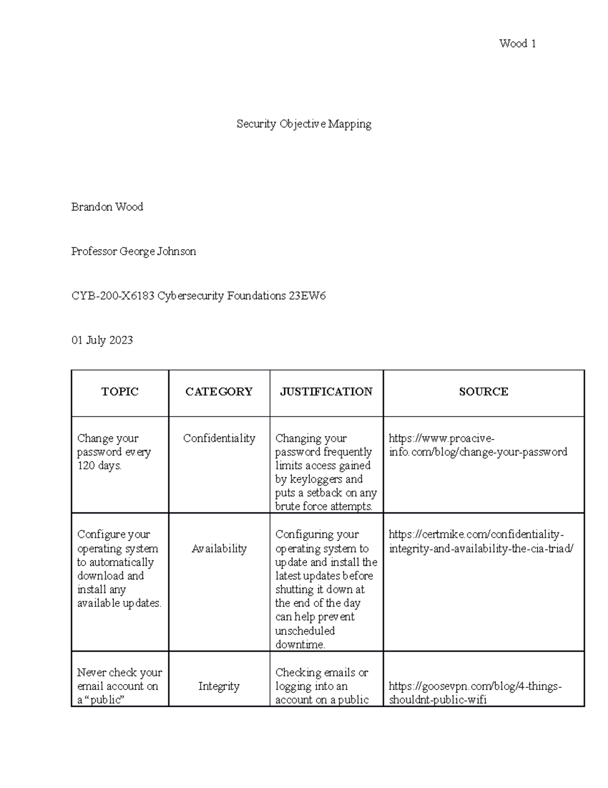 Security Objective Mapping - Wood 1 Security Objective Mapping Brandon ...