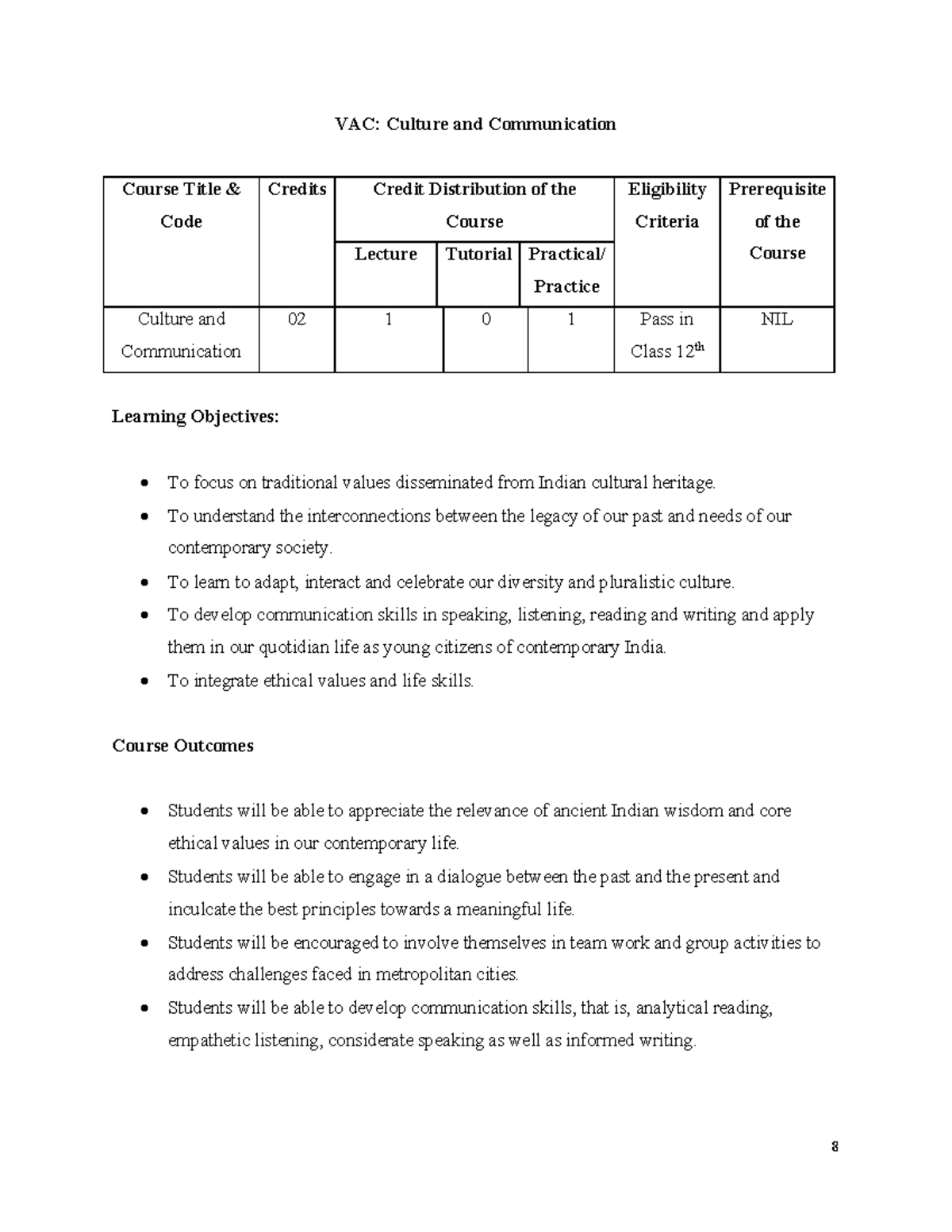 VAC - VAC: Culture and Communication Course Title & Code Credits Credit ...