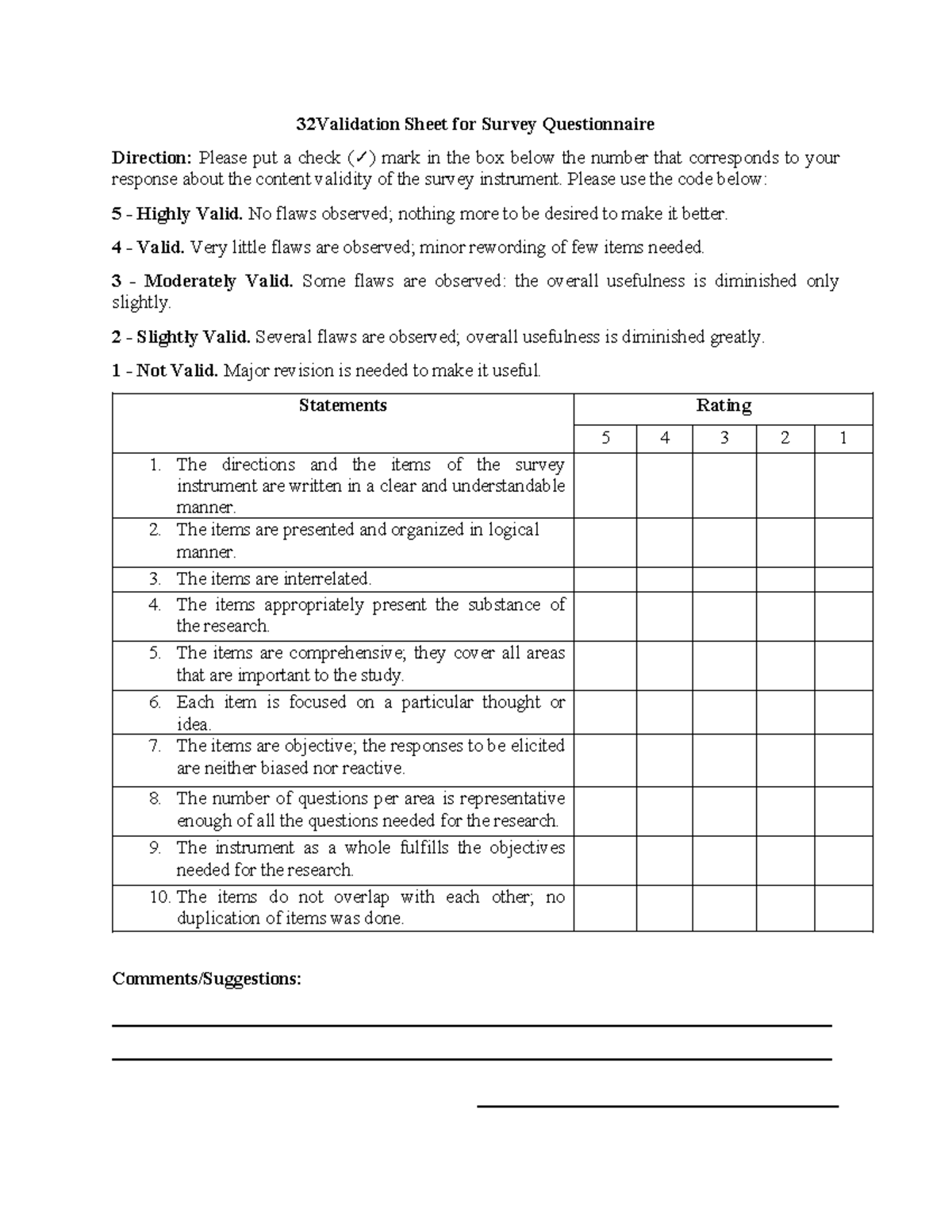 Validation Sheet for Survey Questionnaire - 32Validation Sheet for ...