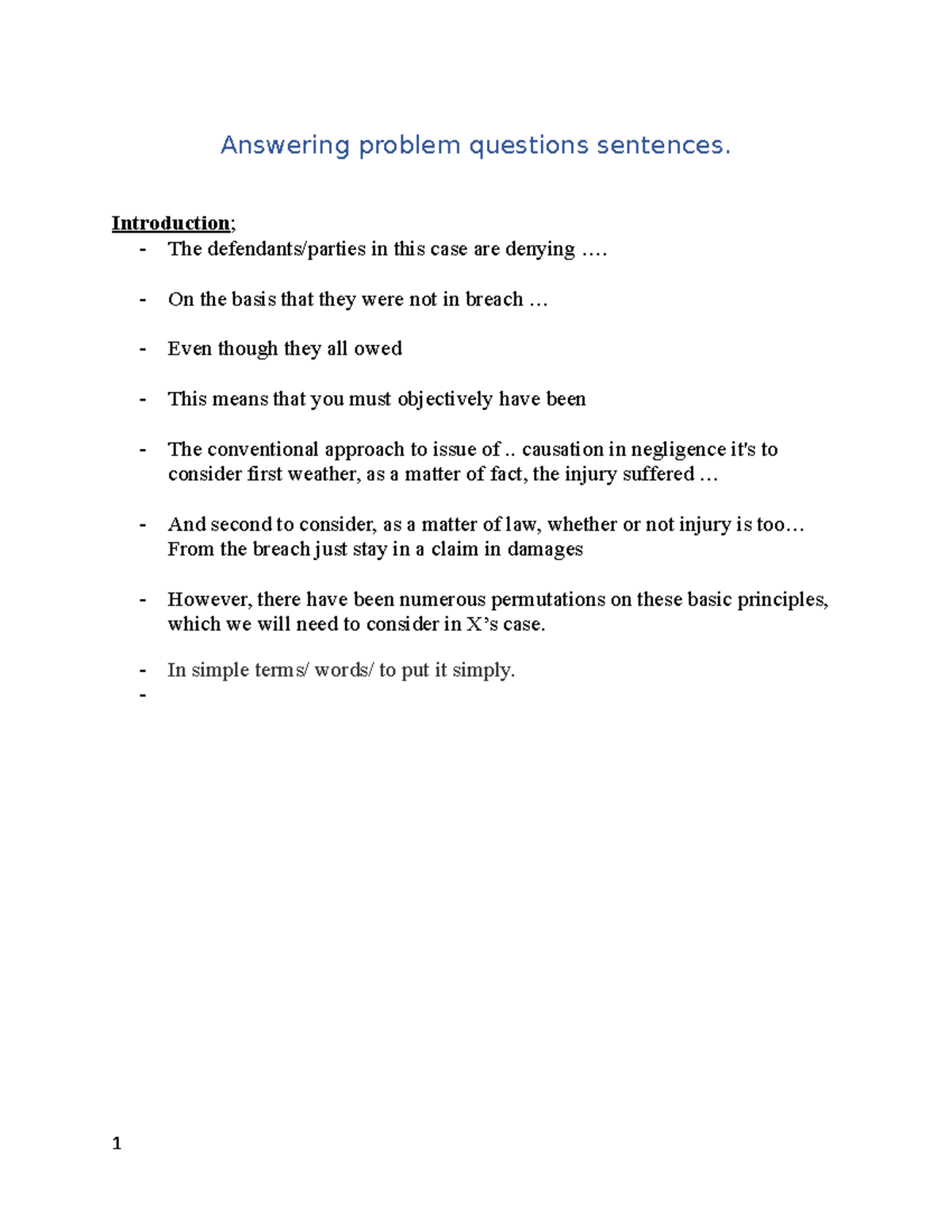 Answering problem questions sentences - Introduction; - The defendants ...