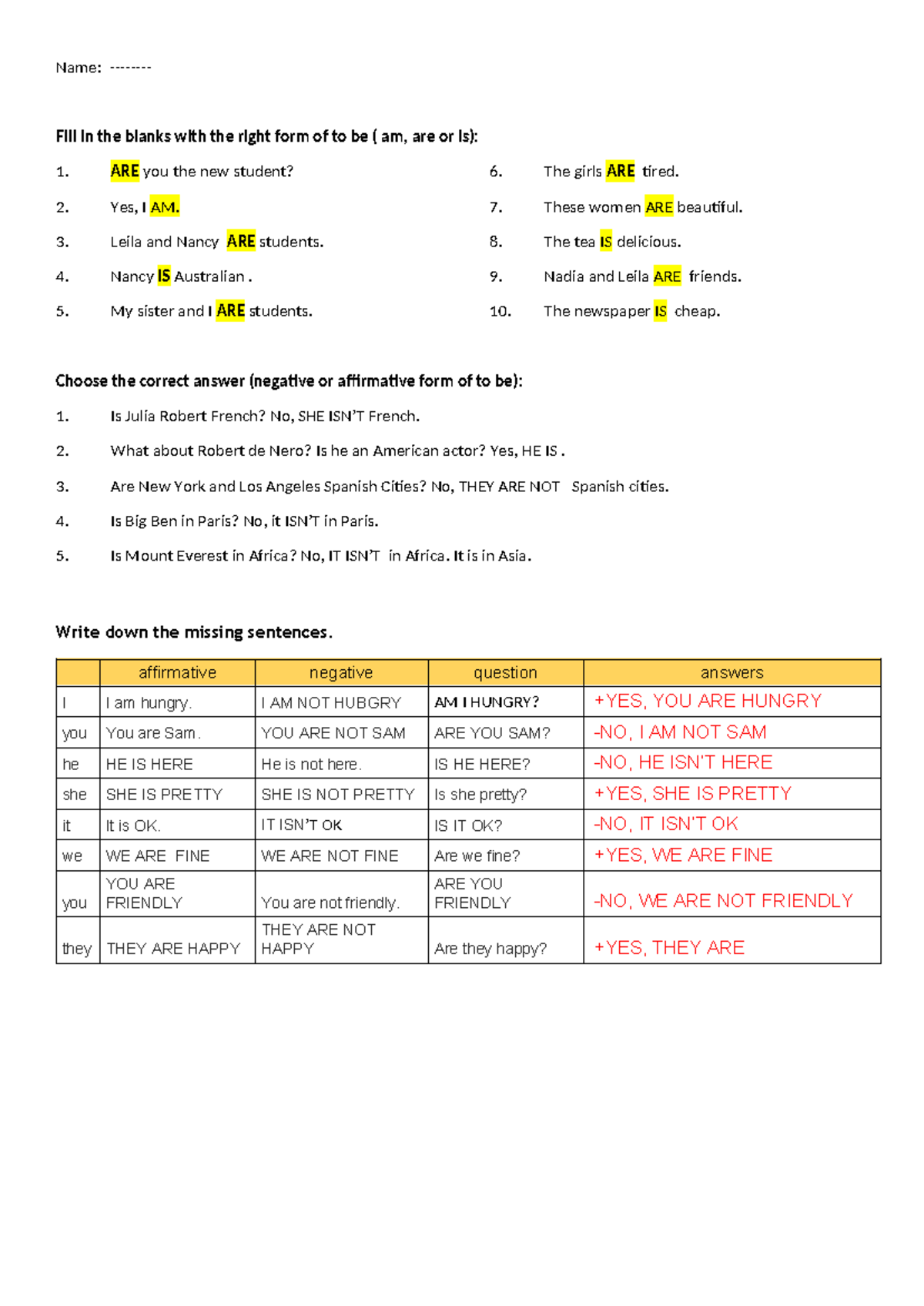 To be verb Activity - to be - Name: - Fill in the blanks with the right ...