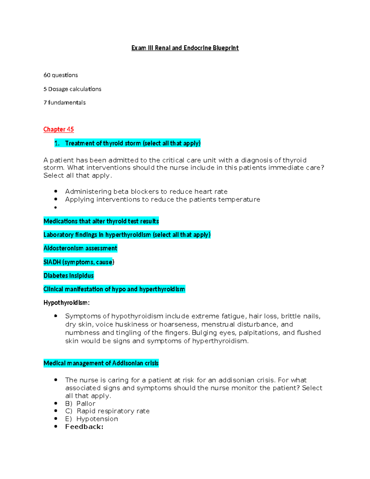 Exam III Renal and Endocrine Blueprint - Treatment of thyroid storm ...