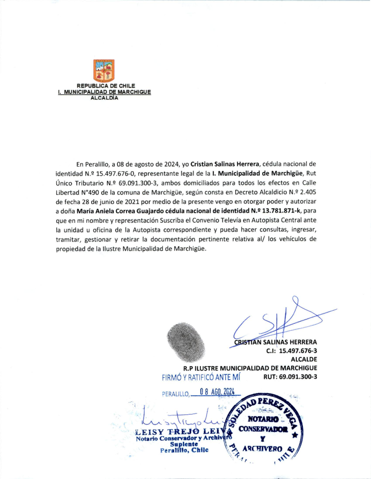 Acrta poder a aniela - REPUBLICA DE CHILE I. MUNICIPALIDAD DE MARCHIGUE ...